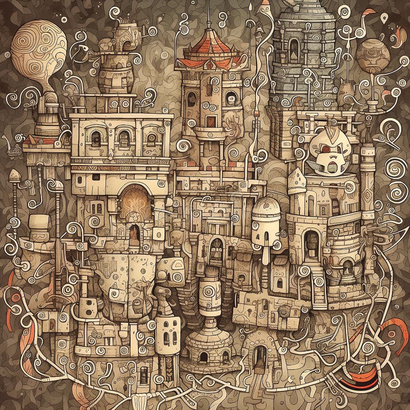 Whimsical Pattern of Fantasy City. Doodle Art, Square Illustration ...