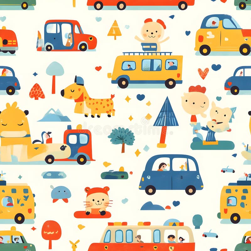 A Whimsical Pattern Featuring Cars, Animals, and Playful Characters ...