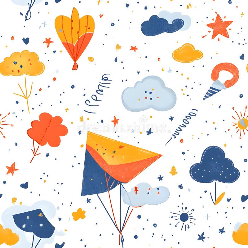 A Whimsical Pattern Featuring Colorful Kites, Clouds, and Stars on a ...