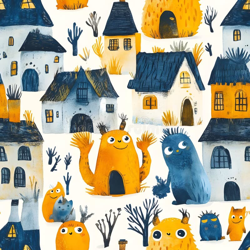 A Whimsical Pattern Featuring Colorful Monsters and Charming Houses ...