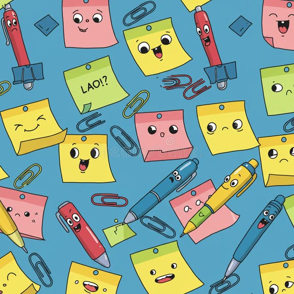 Whimsical Pattern Featuring Colorful Stationery Items on a Blue ...