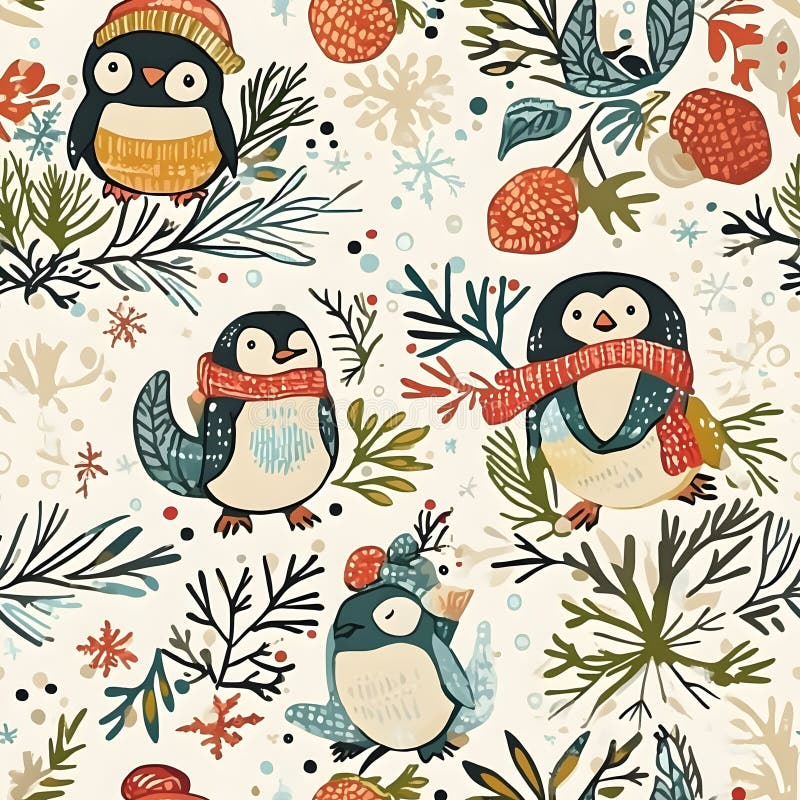 A Whimsical Pattern Featuring Cute Penguins in Winter Attire among ...