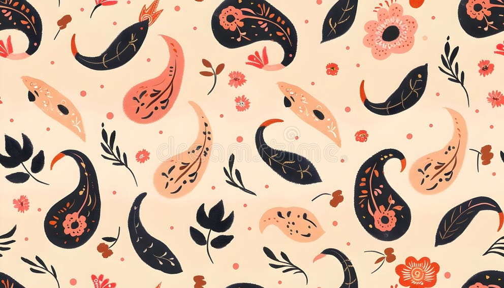 A Whimsical Pattern Featuring Teardrop Shapes, Flowers, and Leaves on a ...