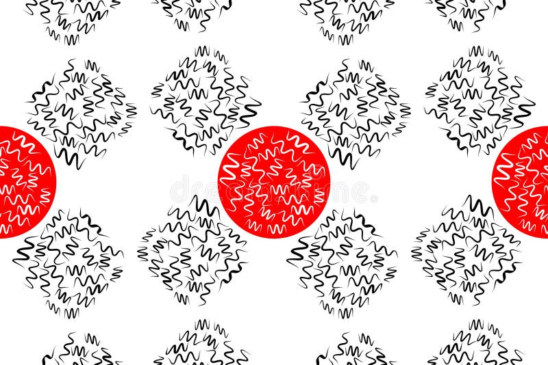 Whimsical Pattern of Red Circles and Black Squiggles on a White ...