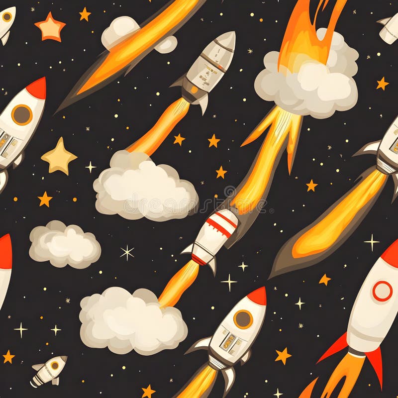 A Whimsical Pattern of Rockets Launching through Clouds and Stars in ...