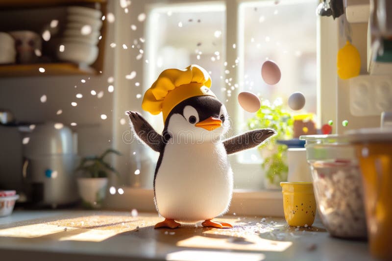 A Cute Penguin Chef Stands in a Bright Kitchen. Eggs are Flying in the ...