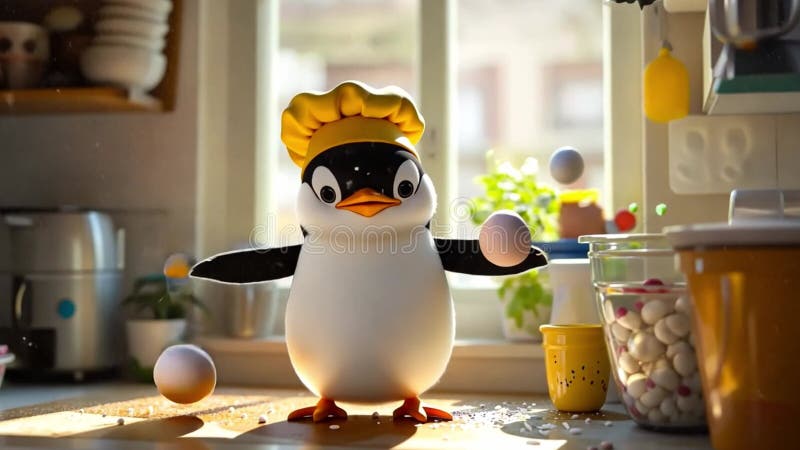 A Cute Penguin Chef Stands in a Bright Kitchen. Eggs are Flying in the ...