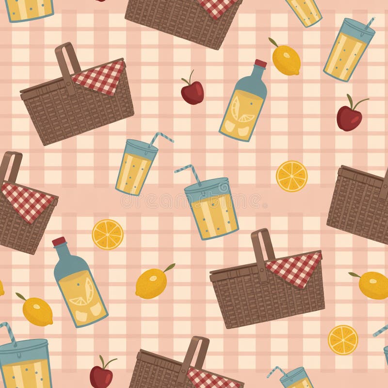 Whimsical Picnic Pattern with Baskets Fruit and Lemonade Design ...