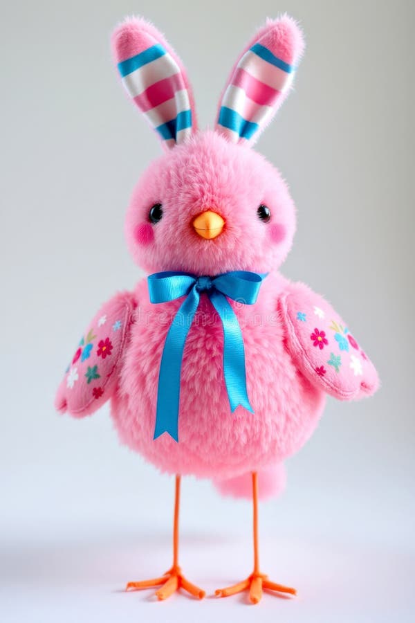 Whimsical Pink Bird Toy with Bunny Ears and Floral Details. Easter ...