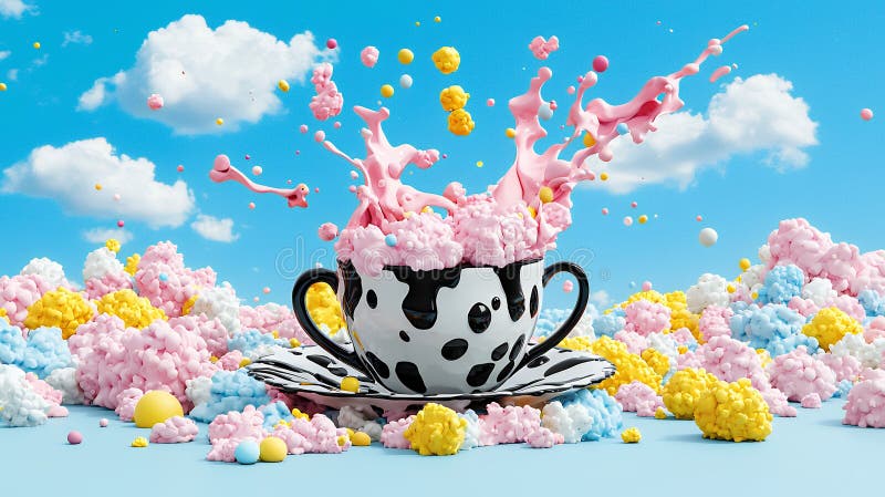 Whimsical Pink, Blue and Yellow Whipped Cream Exploding from Cow Print ...