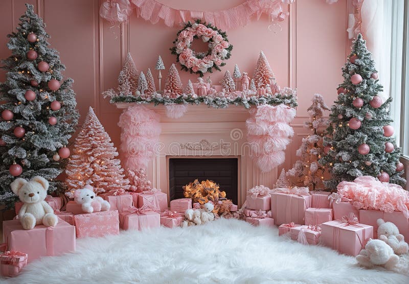 Pink Christmas Backdrop with Fireplace and Pastel Decor Stock ...