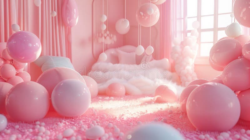 Whimsical Pink Dream Bedroom with Fluffy Bed and Balloon Decor in Soft ...