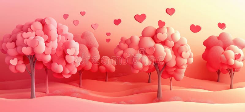 Whimsical Pink Landscape Heart Shaped Trees Floating Hearts Stock ...