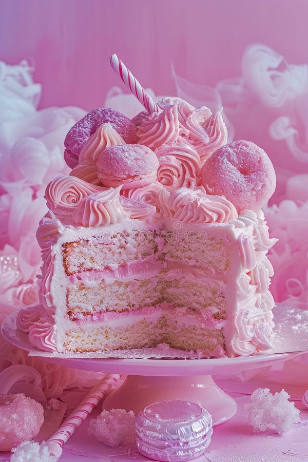 Whimsical Pink Layer Cake with Donuts and Candy in Dreamy Pastel ...