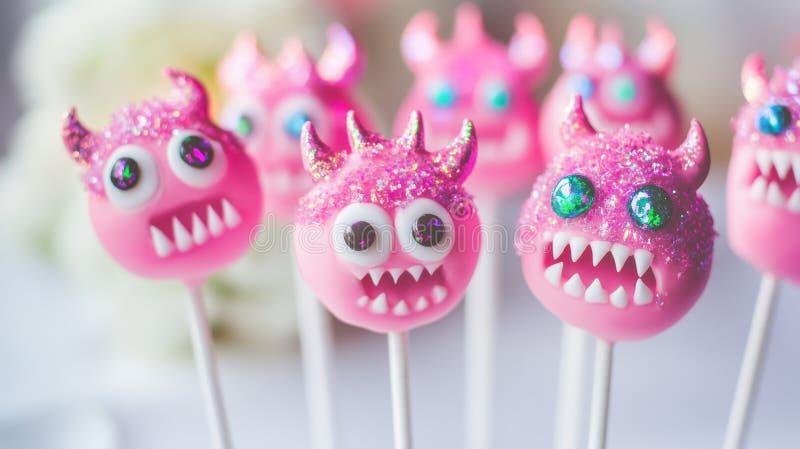 Whimsical Pink Monster Cake Pops with Sparkling Eyes and Glitter Stock ...
