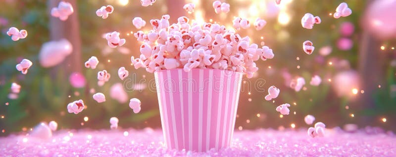 Whimsical Pink Popcorn Explosion in Striped Box with Glittering ...