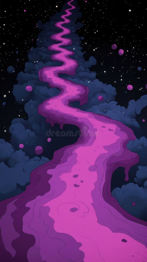 A Whimsical Pink River Flows through Dark Clouds in a Starry Space ...