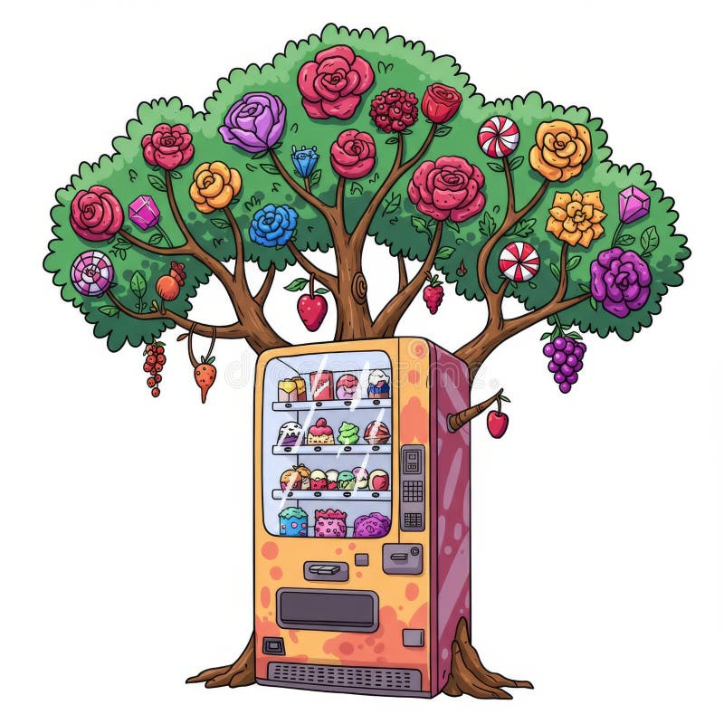 Whimsical Pixel Art of a Candy and Rose Tree Growing from a Vending ...