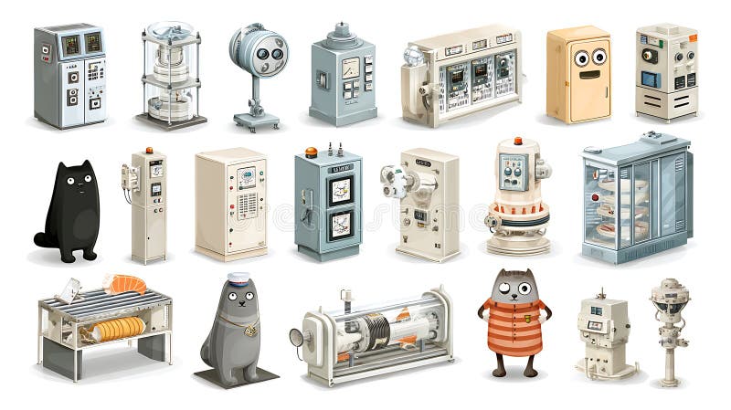 Whimsical Pixel Art Illustration of Industrial Machines and Cats Stock ...