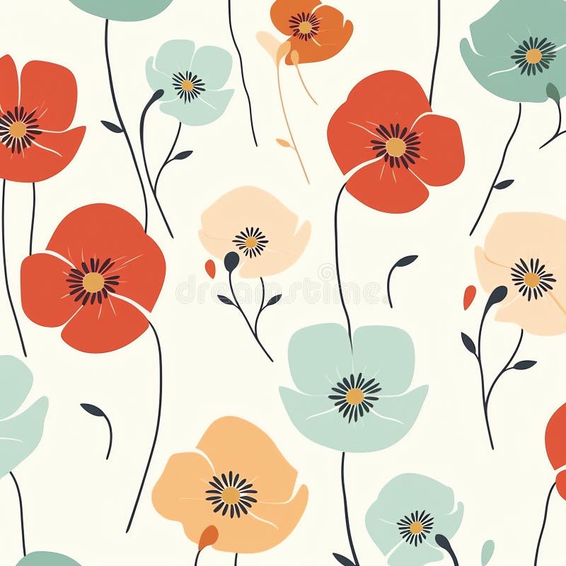 Whimsical Poppy Medley Flowers Background Pattern Wallpaper Vector Old ...
