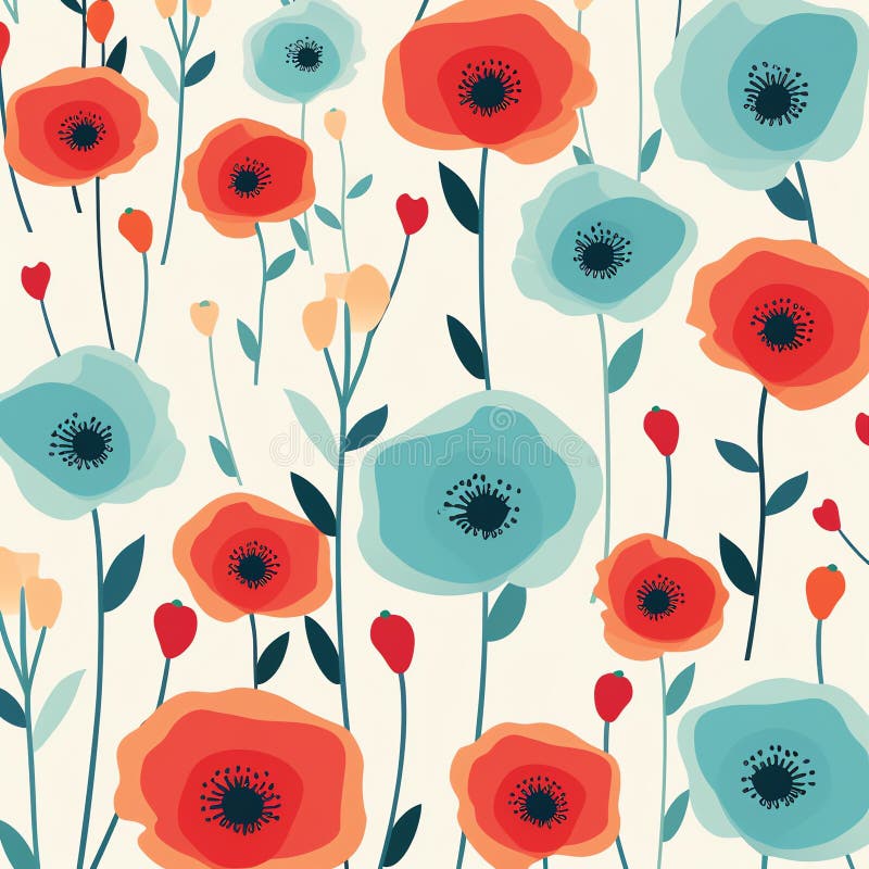 Whimsical Poppy Medley Flowers Background Pattern Wallpaper Vector Old ...