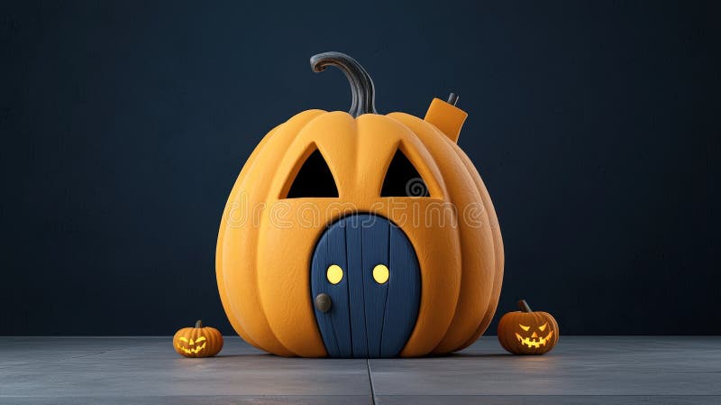 A Whimsical Pumpkin House with Glowing Windows Surrounded by Smaller ...
