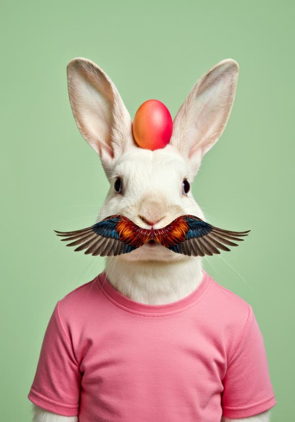 Whimsical Rabbit with Egg and Feathered Mustache on Pastel Background ...