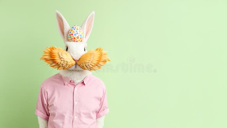Whimsical Rabbit with Egg and Feathered Mustache on Pastel Background ...