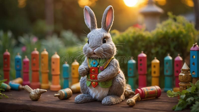 A Whimsical Rabbit Figurine Surrounded by Colorful Decorations in a ...