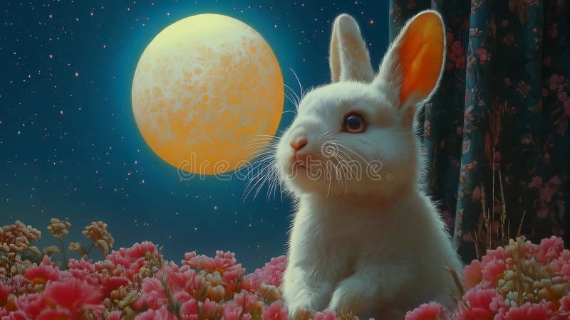 Rabbit Under Moonlight Surrounded by Flowers at Night Stock Footage ...