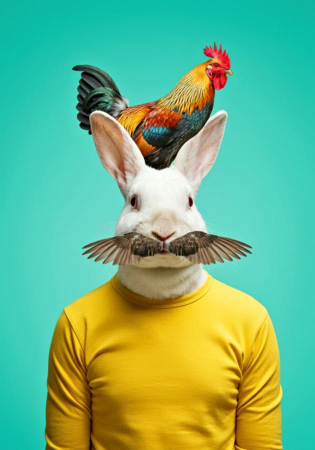 Whimsical Rabbit-Human Hybrid with Rooster Hat and Feathered Mustache ...