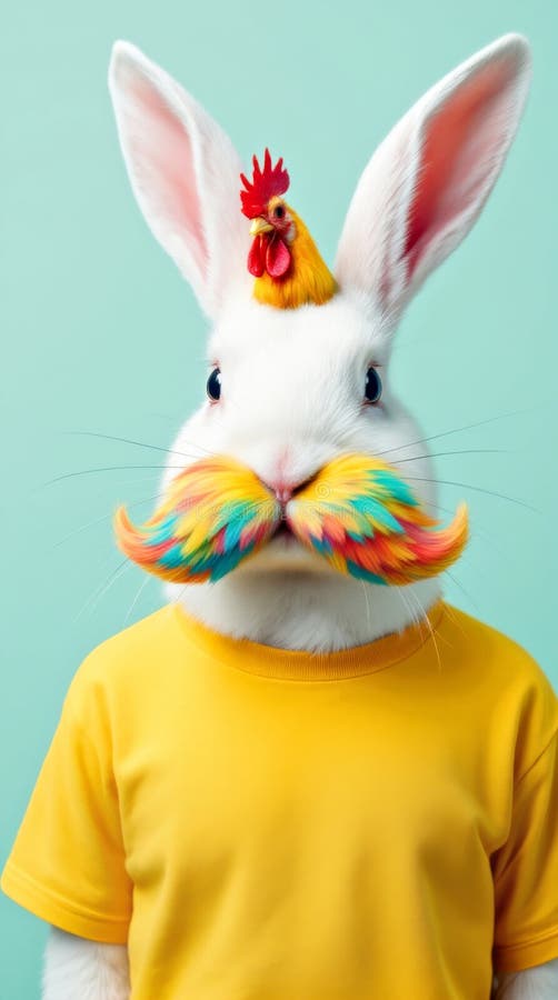 Whimsical Rabbit with Rooster and Feathered Mustache on Pastel ...