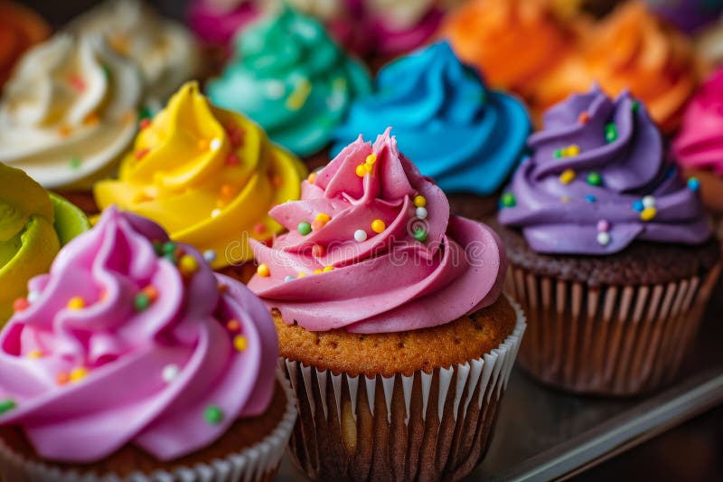 Whimsical Rainbow Cupcakes: Burst of Colors. Stock Illustration ...
