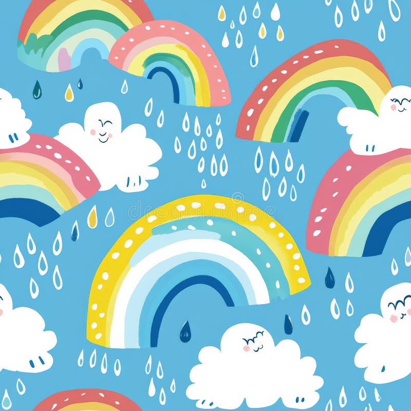 A Whimsical Rainbow and Raindrop Pattern with Fluffy Clouds, Bright Skies, and Gentle Showers ...