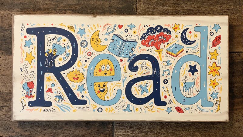 Whimsical Read Library Sign with Colorful Illustrations on Wood Stock ...