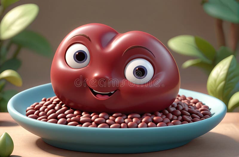 Whimsical Red Bean Character Smiling Cheerfully on a Plate Surrounded ...