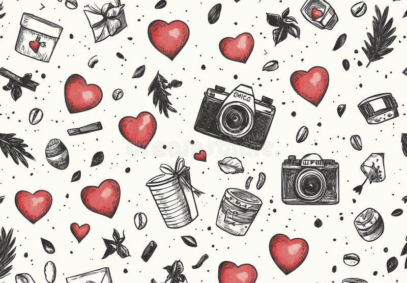 Whimsical Red Heart and Camera Pattern on White Background Stock ...