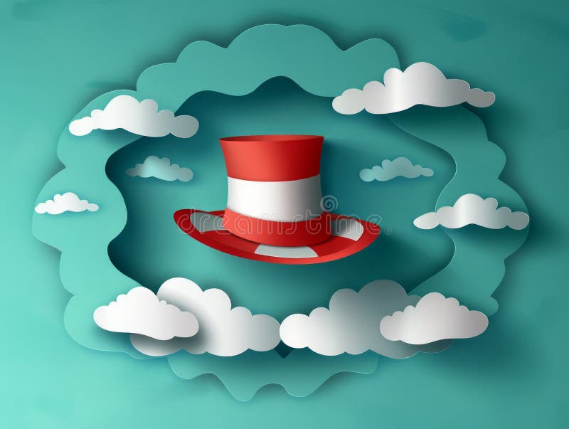 Whimsical Red and White Striped Hat Floating among Clouds on Turquoise ...