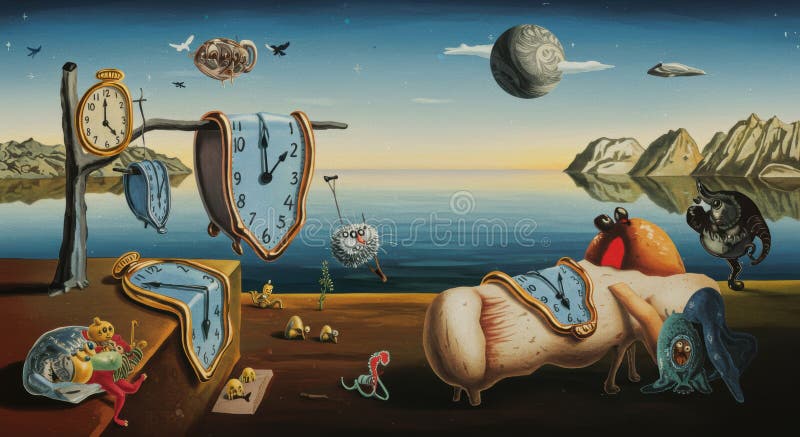 Surreal Melting Clocks Landscape Stock Illustration - Illustration of ...