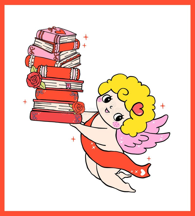 Whimsical Retro Valentine Bookish Cupid with Books Stack Bold Lined ...