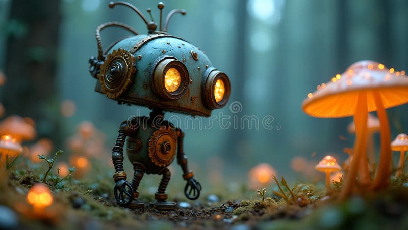 Whimsical Robot Exploring Enchanted Forest with Fairies and Glowing ...