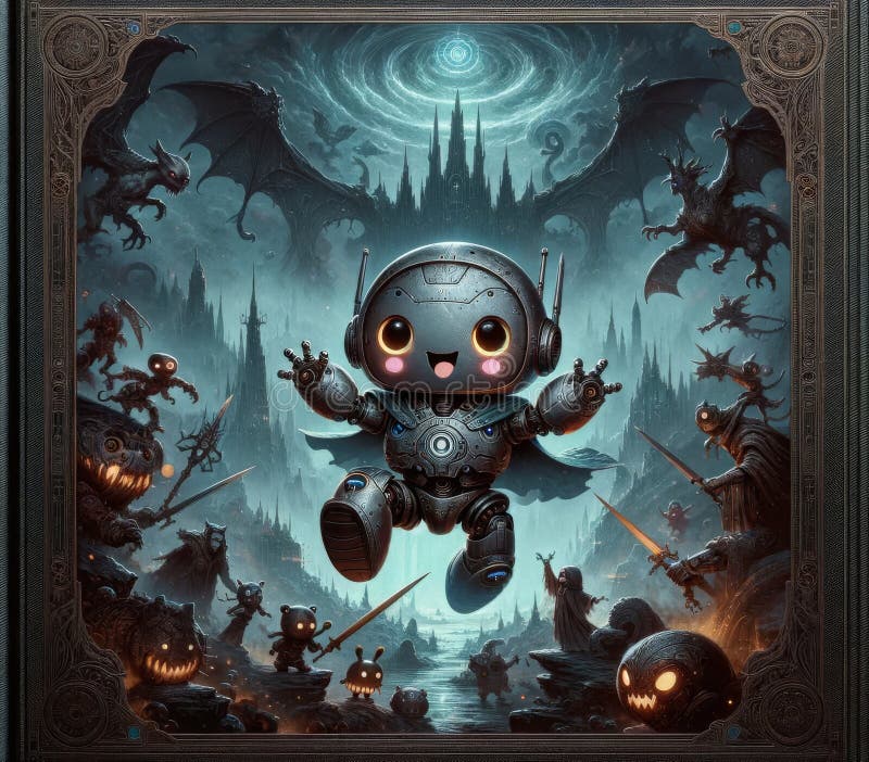 Fantasy Robot Leading Creatures in a Dark Landscape Stock Illustration ...