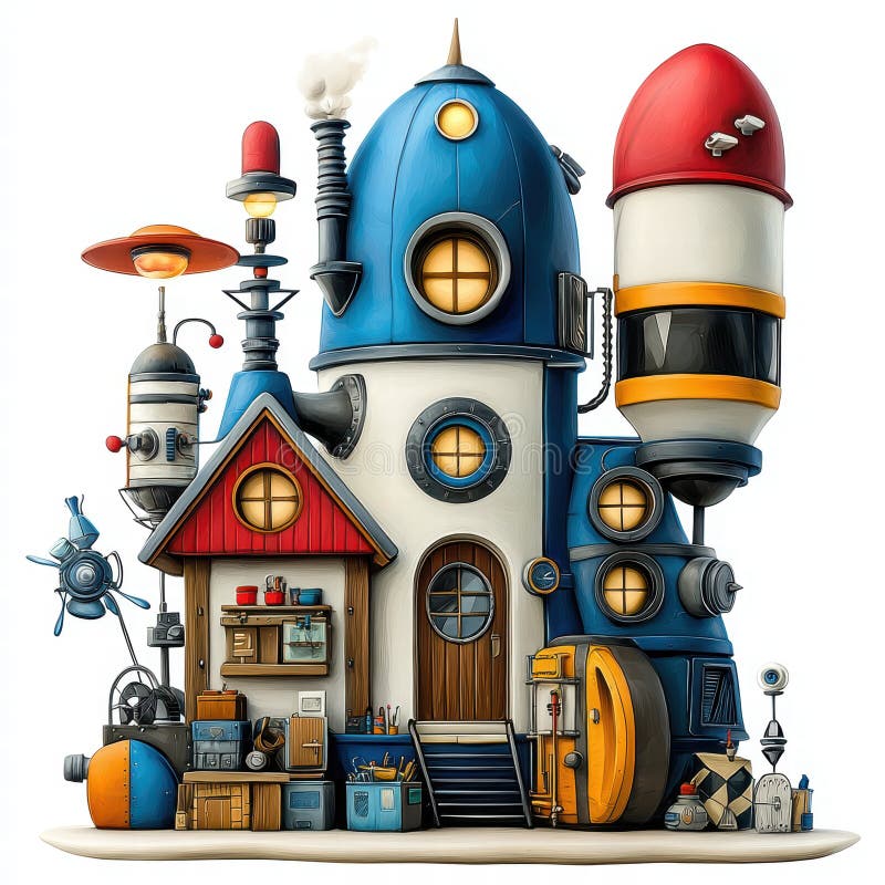 Whimsical Rocket House with Colorful Elements and Playful Design Stock ...