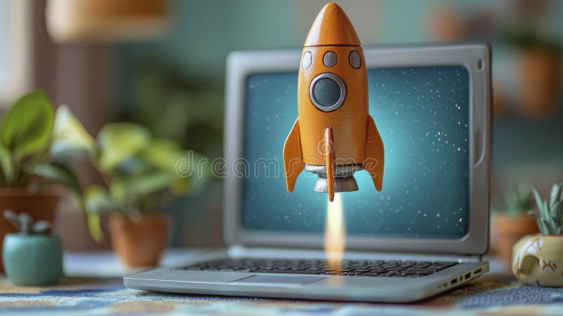 Whimsical Rocket Launching from Laptop Surrounded by Plants Stock ...
