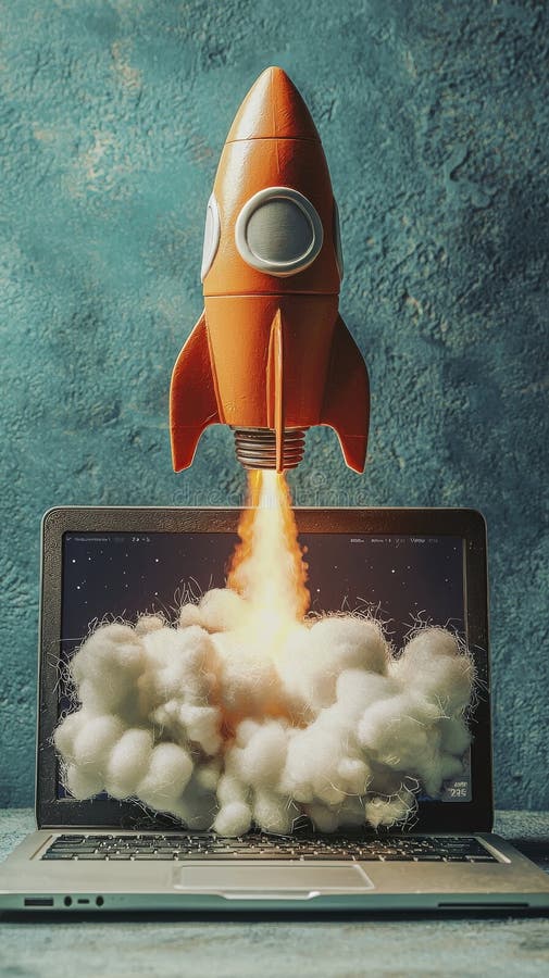 Whimsical Rocket Rising from Computer Screen Display Stock Illustration ...