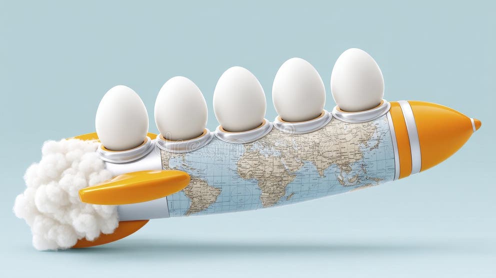 Whimsical Rocket Ship Carrying Eggs Against Light Blue Background Stock ...