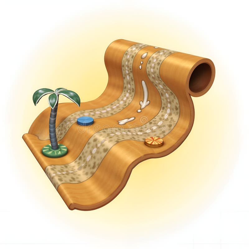 Whimsical Rolled Up Map with Palm Tree and Sandy Path Stock ...