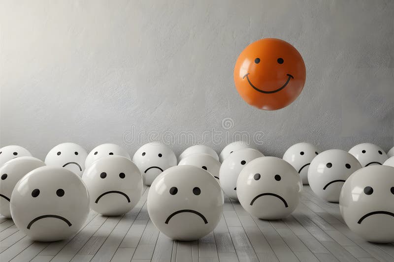 Whimsical Room with Sad Faced White Objects and One Happy Orange Object ...