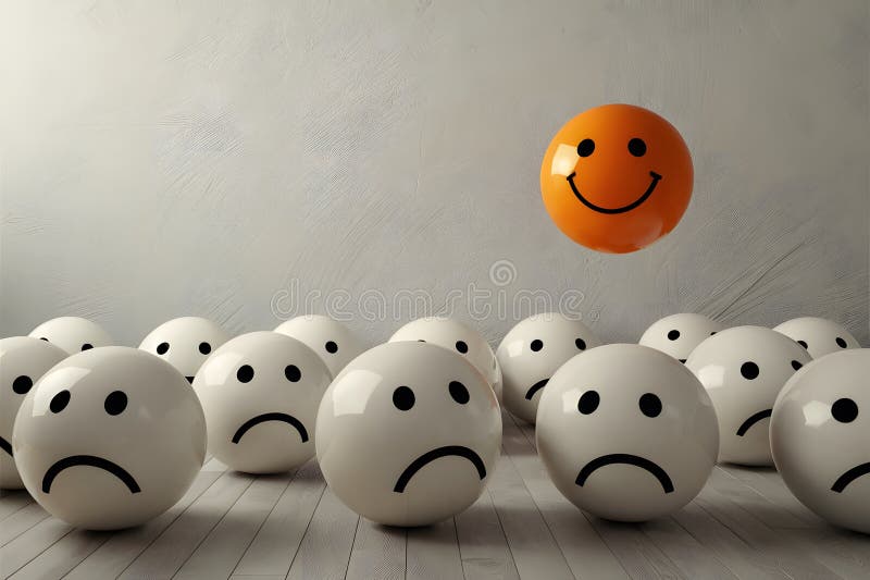 Whimsical Room with Sad Faced White Objects and One Happy Orange Object ...