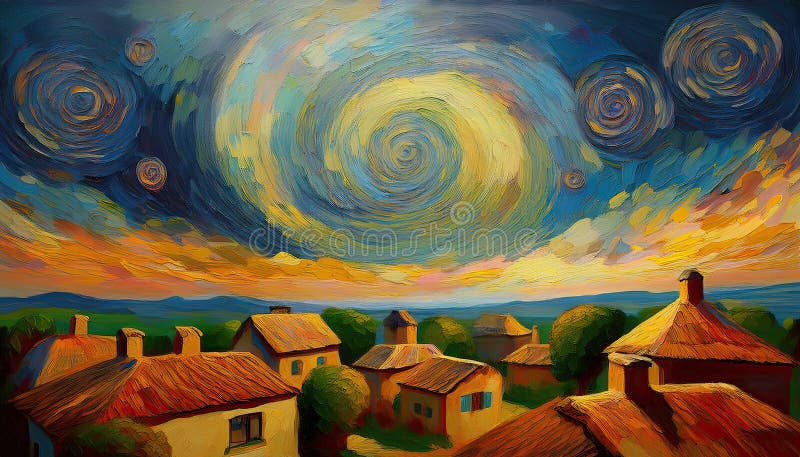 Whimsical Rural Scene Beneath Vortex Sky Stock Illustration ...